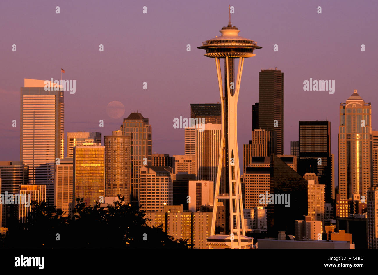 North America, USA, Washington State, Seattle. Space Needle and moon ...