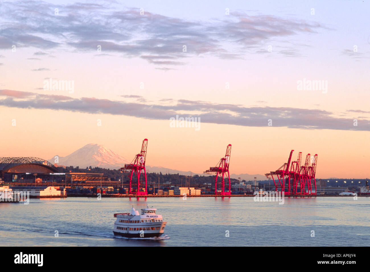 Bainbridge Ferry with Shipping Cranes and Mt. Rainier at Dusk, Seattle ...