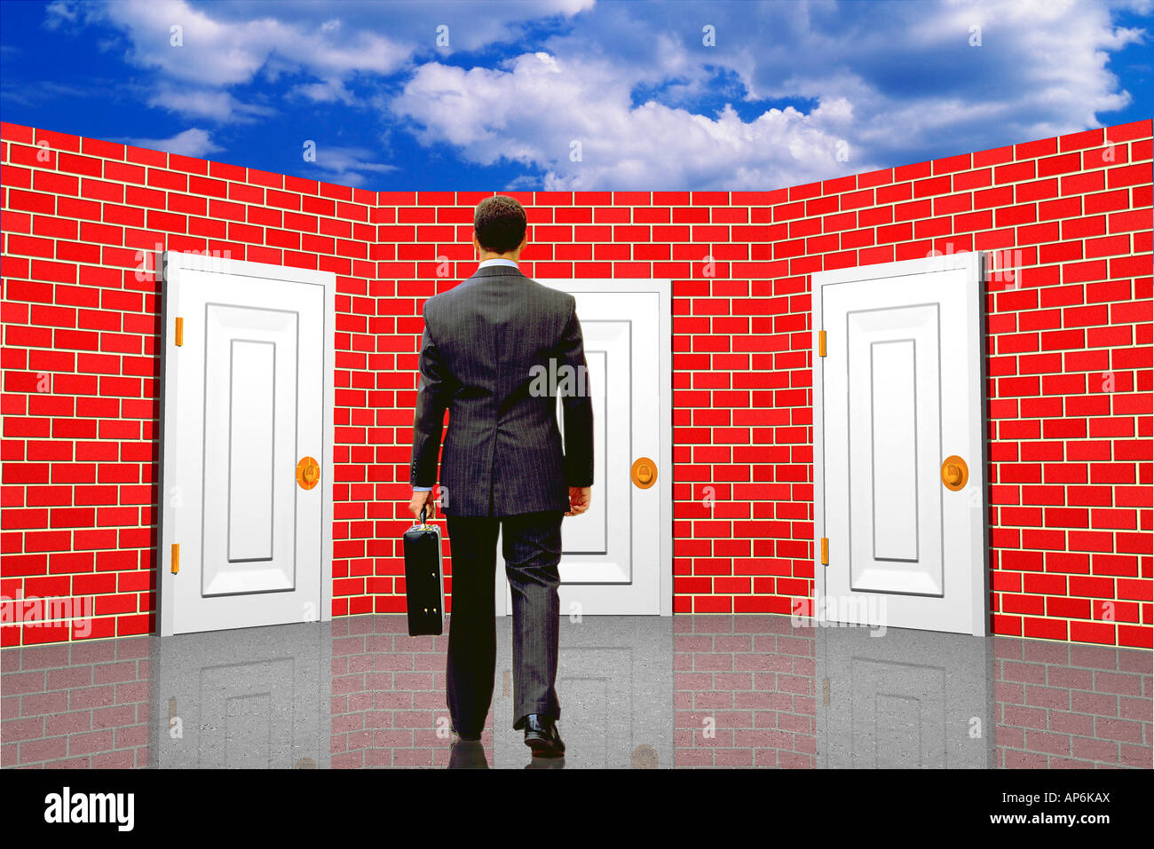 Businessman standing in front of 3 doors, choice concept, digital ...