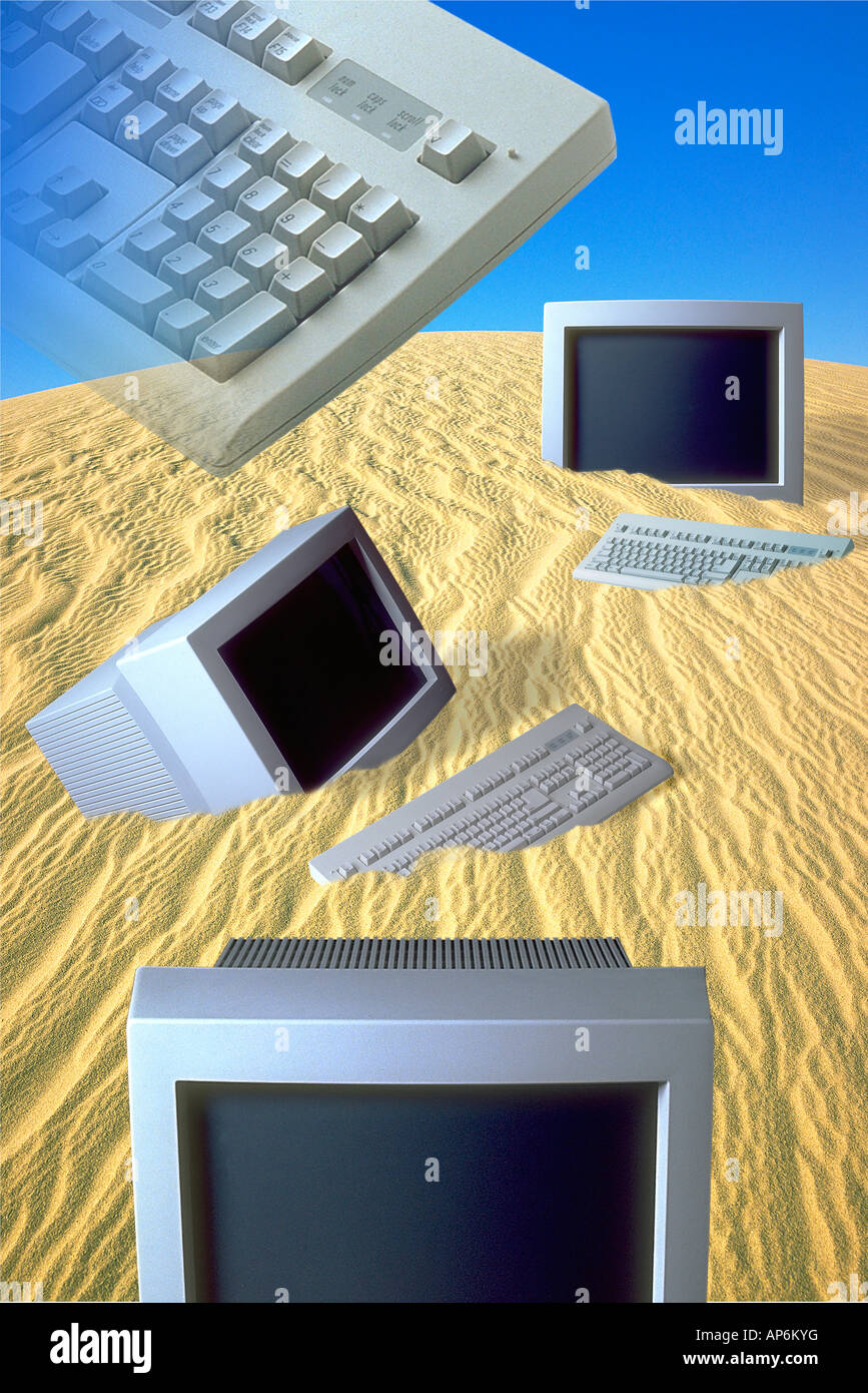 Computers in a desert sand, digital composite Stock Photo - Alamy