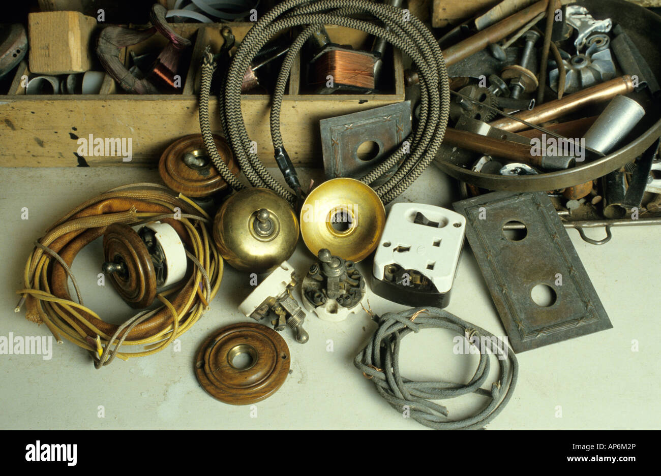 Old electrics - switches, plugs and wires Stock Photo - Alamy