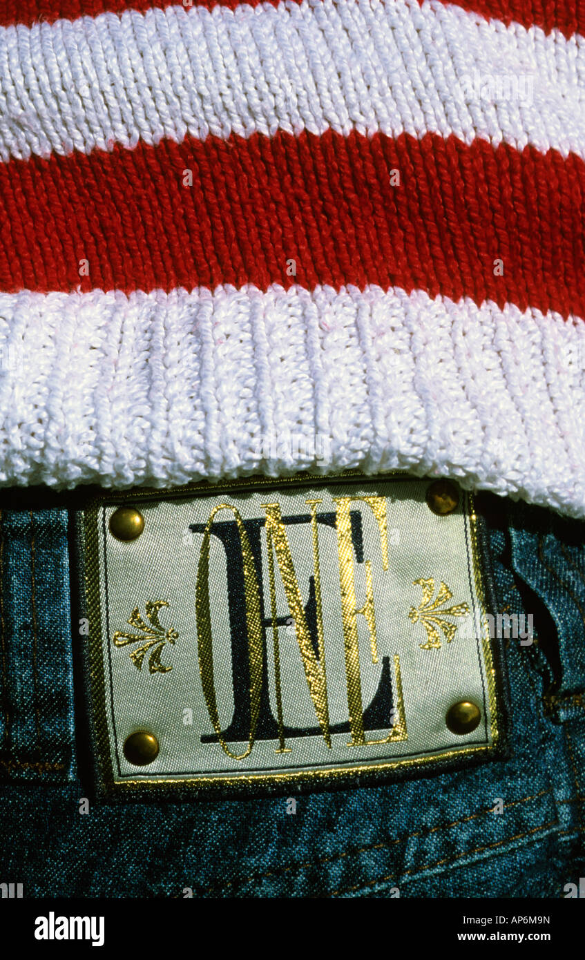 Embroidered Escada logo label on jeans Stock Photo - Alamy