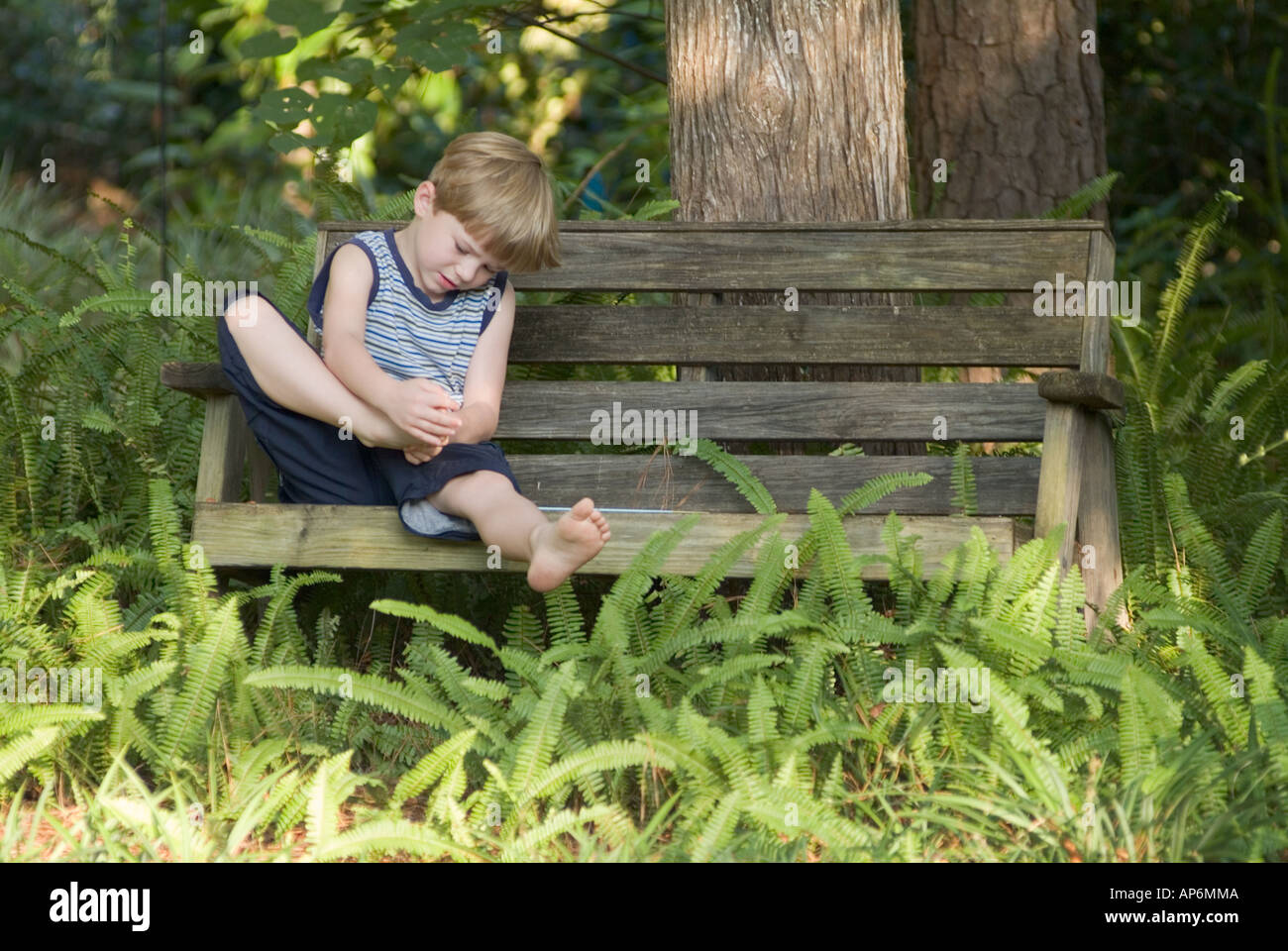 boy cleaning his foot after stepping on something sliver wood bench ...