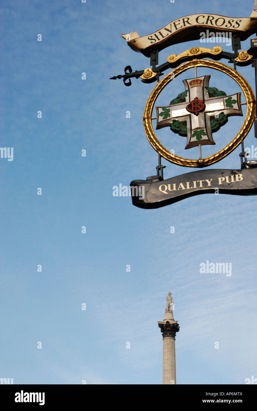 Silver Cross pub sign with Nelson,s Column in the distance, Whitehall ...
