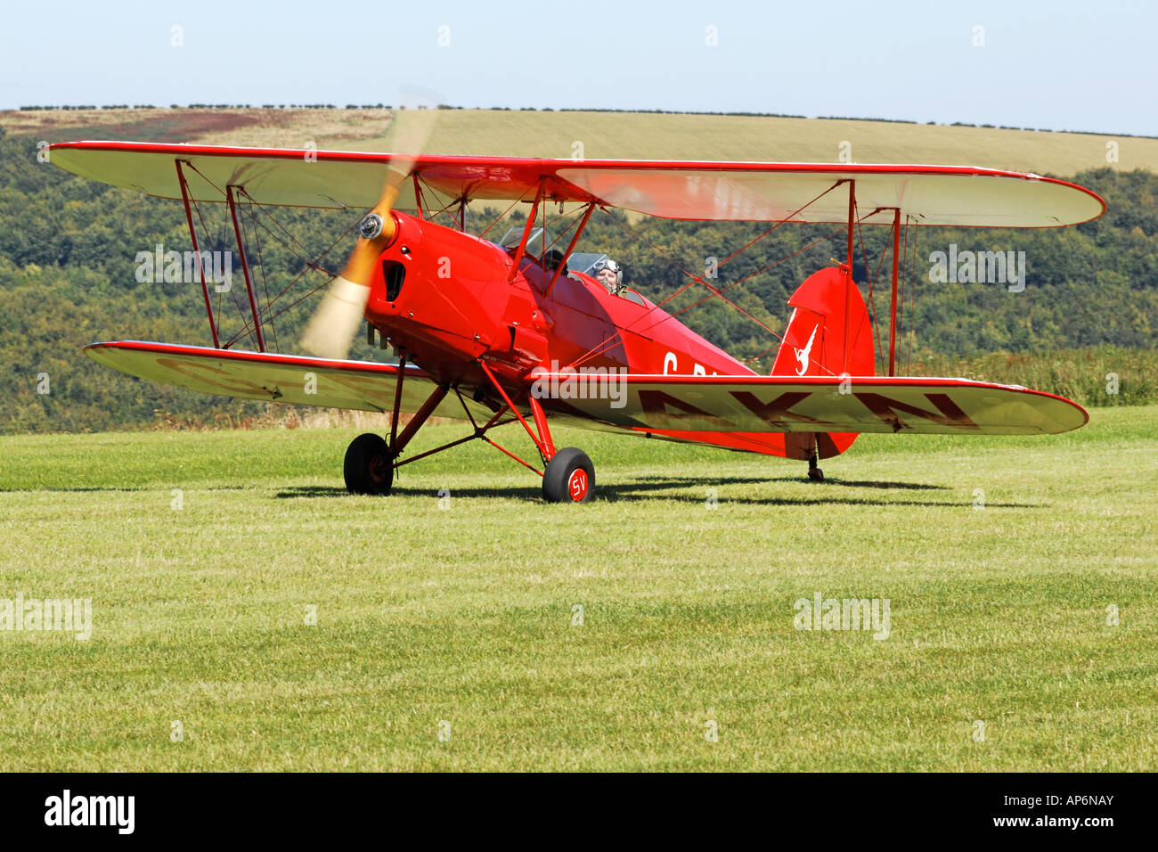A bright Red 1930s de Havilland Tiger Moth on the grass runway Stock ...