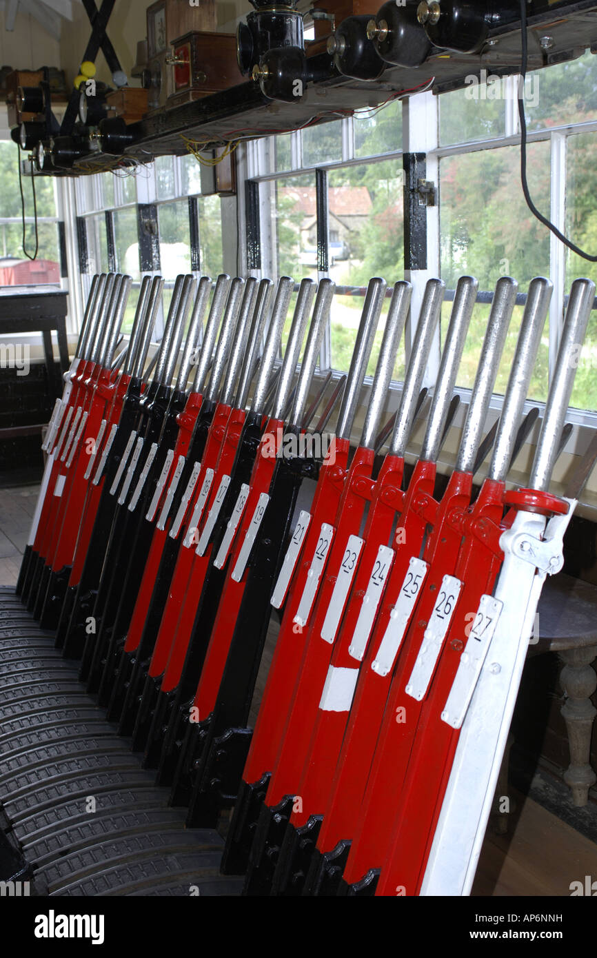 The Railway Points control handles inside a signal box at the working ...
