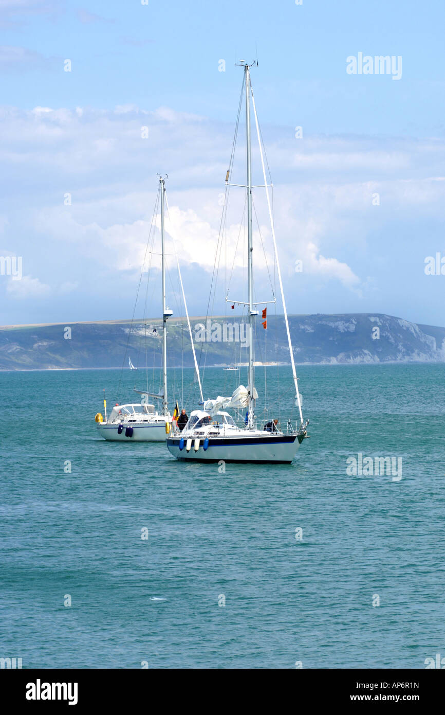 Two sailing boats in Weymouth bay Dorset Stock Photo - Alamy