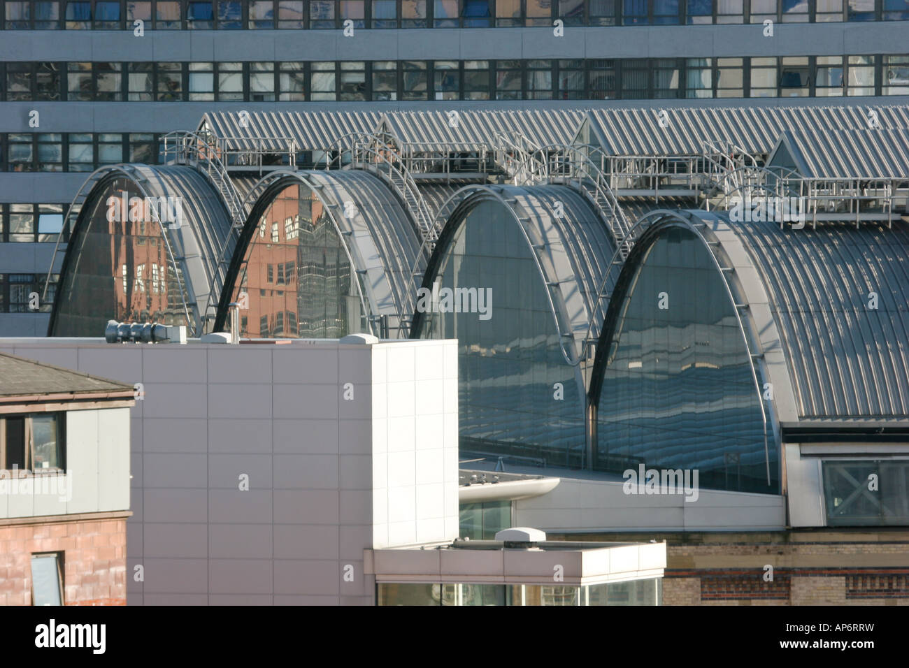 Aerial view of roofs over main platforms of Manchester Piccadilly train ...