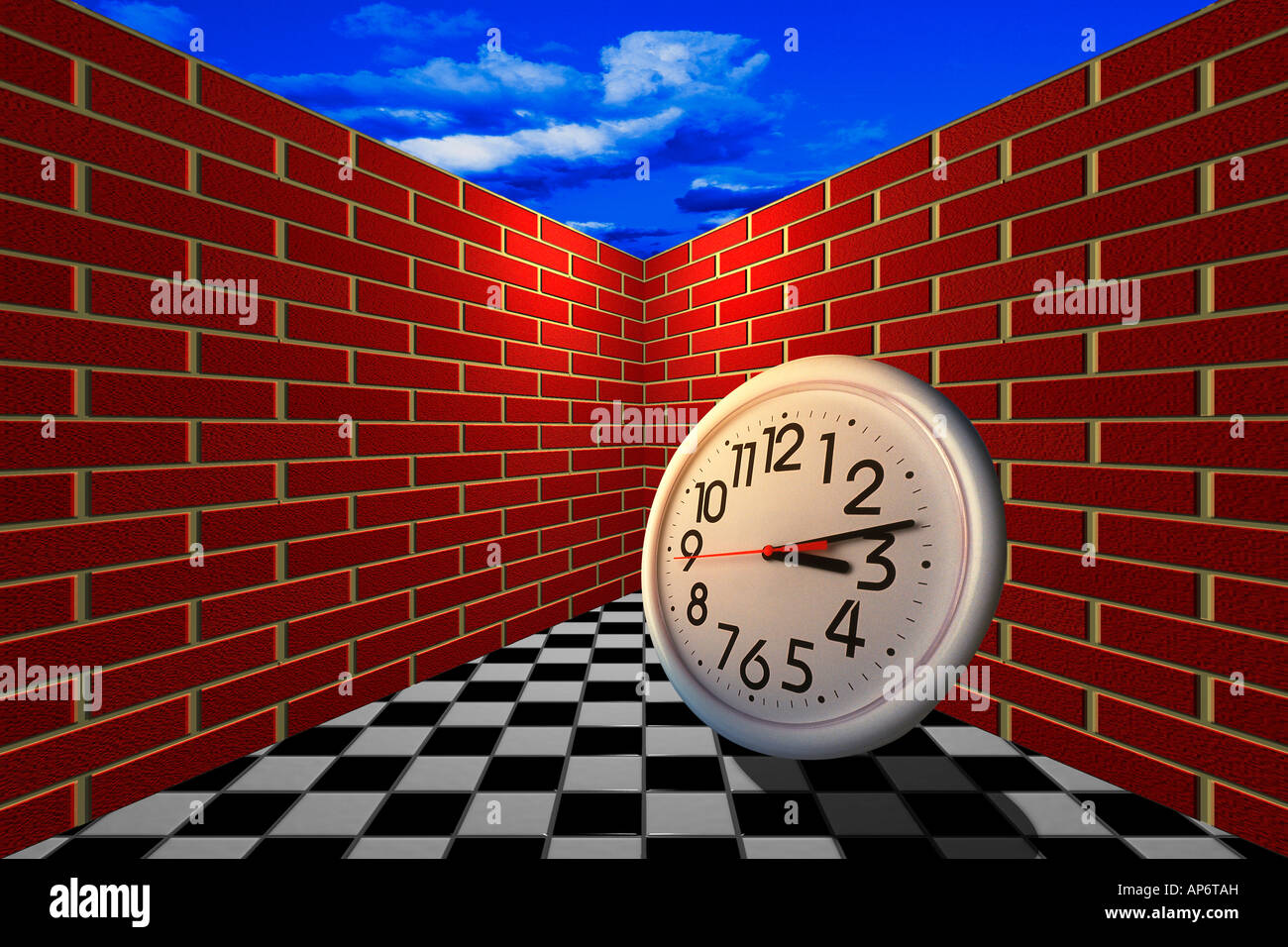 Brick wall corner with clock, dead end, digital composite Stock Photo ...