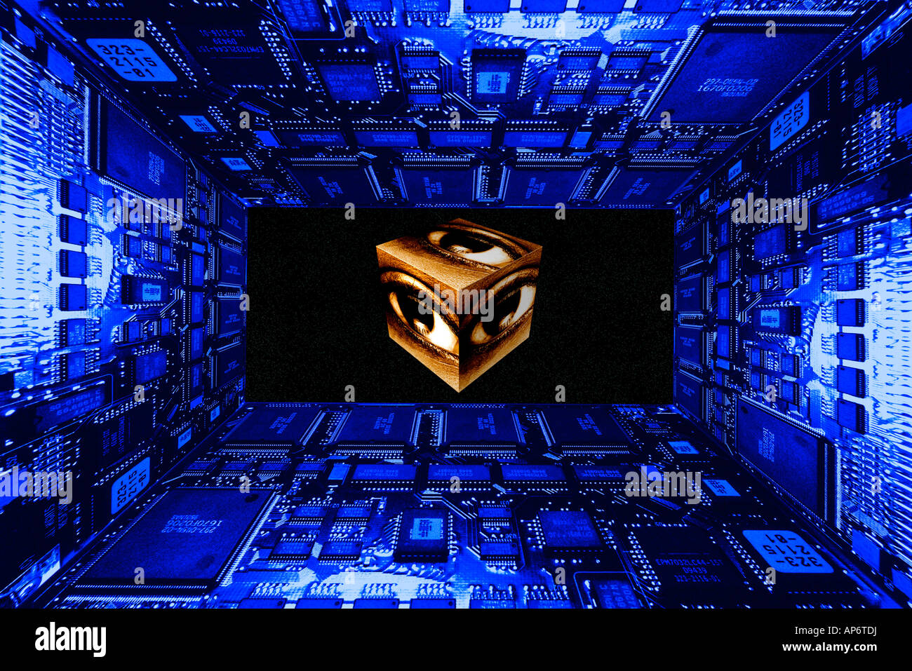 Computer boards with microchips 3D cube with human eye, digital ...