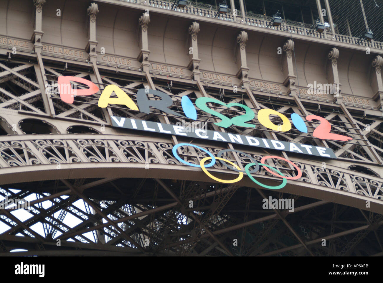 Eiffel Tower Paris France with sign for candidate city 2012 Stock Photo ...