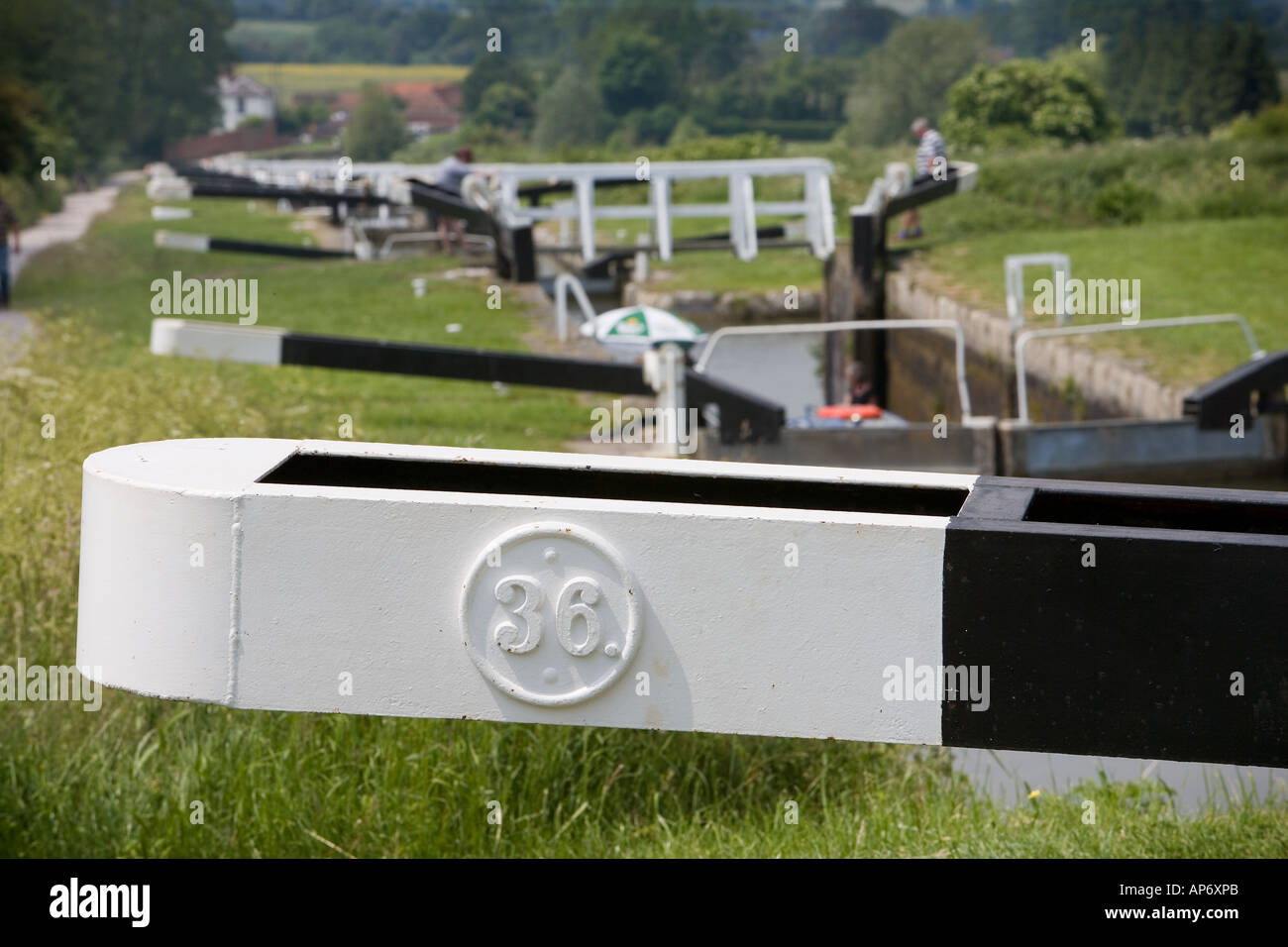 Caen Hill Flight site of multiple locks with gate detail foreground ...