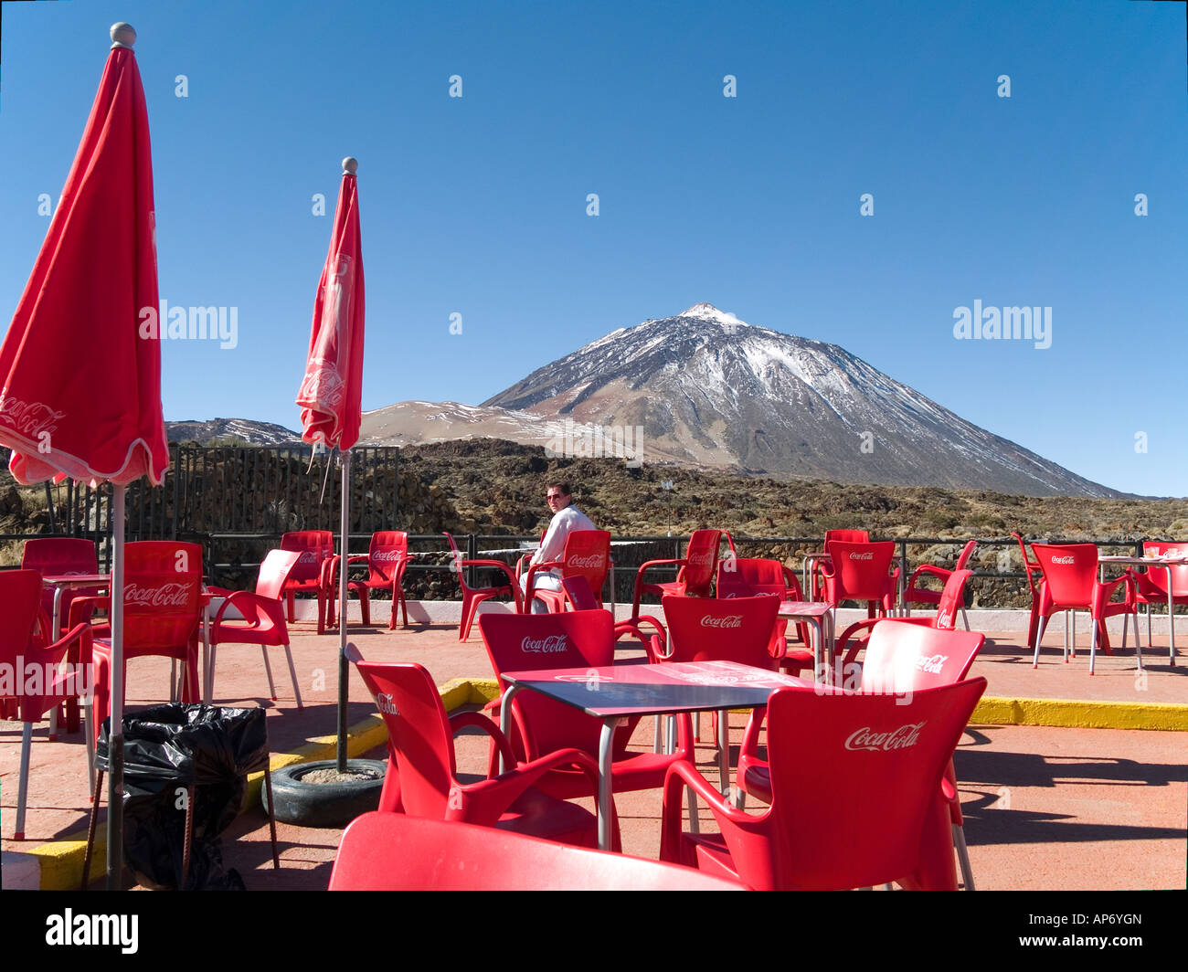 View of Mount Teide from a restaurant balcony at El Portillio la Villa ...
