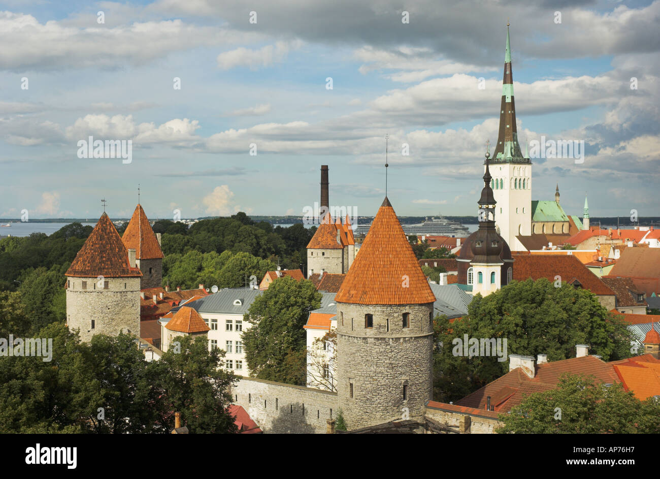 Tallinn old town medieval town walls defence towers and St Olafs church ...