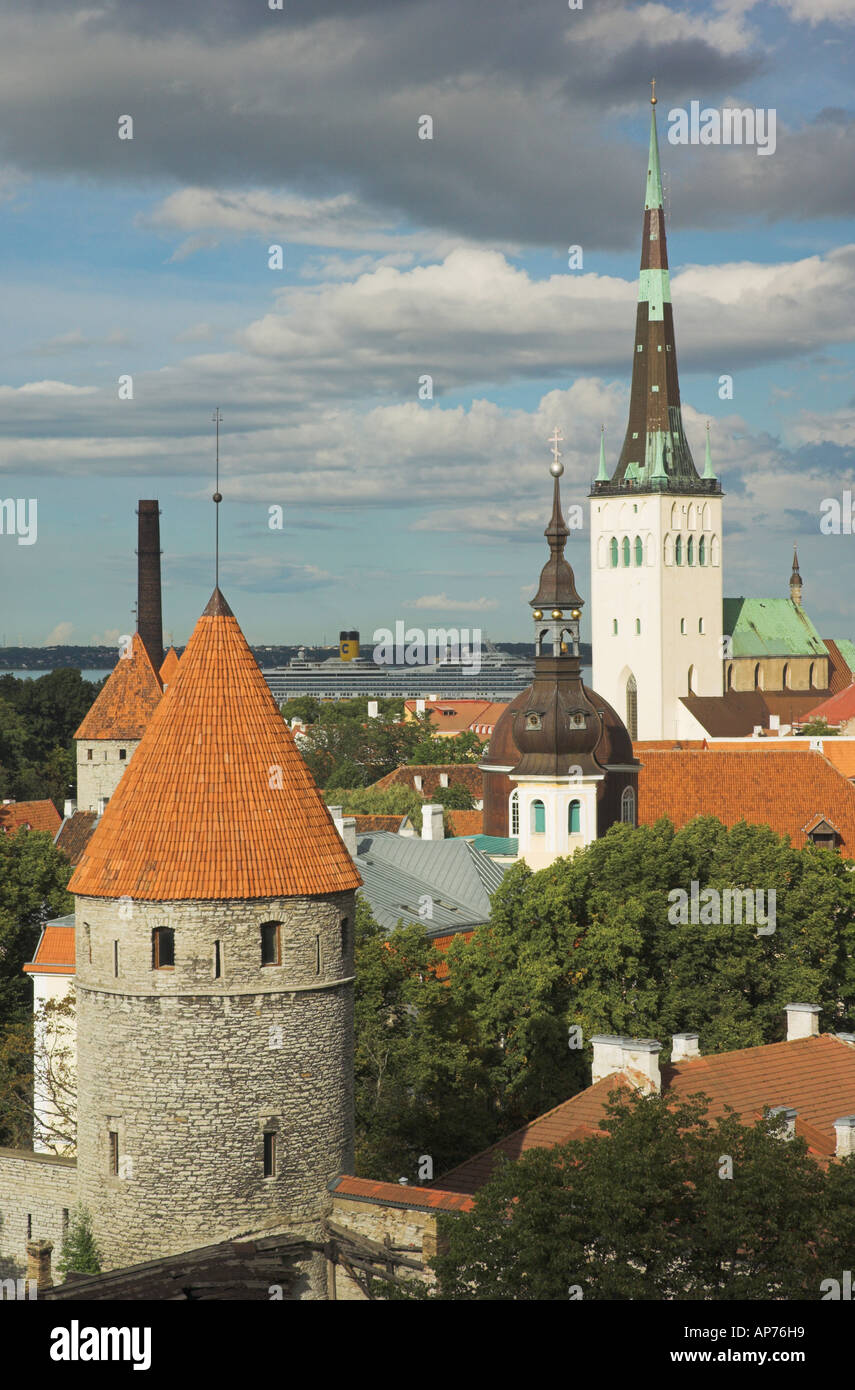 Tallinn old town medieval town walls defence towers and St Olafs church ...