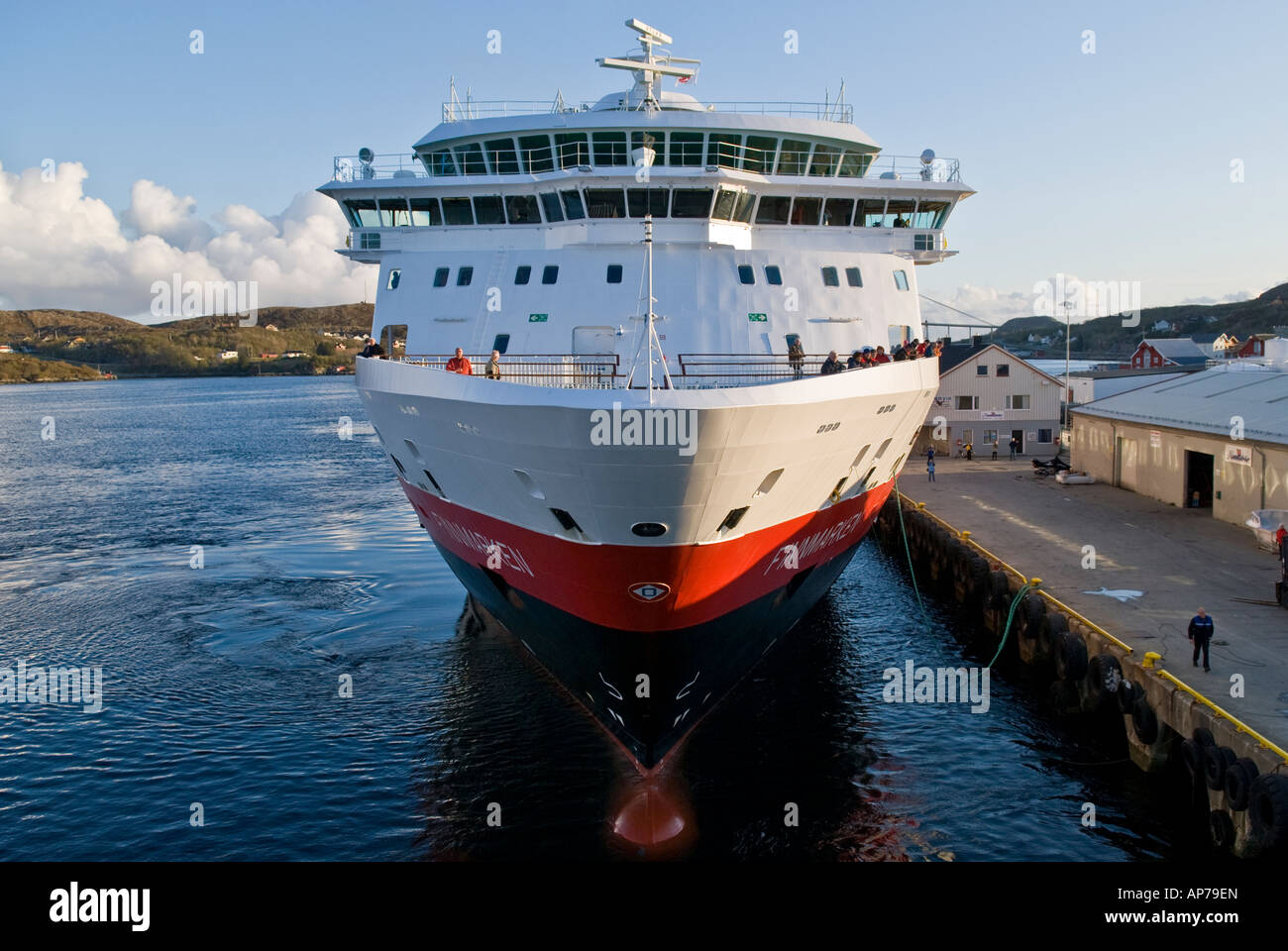 Hurtigruten Norwegian coastal ferry at port in the village of Rørvik ...