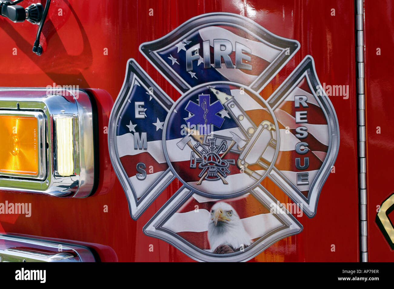 A EMS Fire Rescue sticker on the side of a fire engine truck in America ...