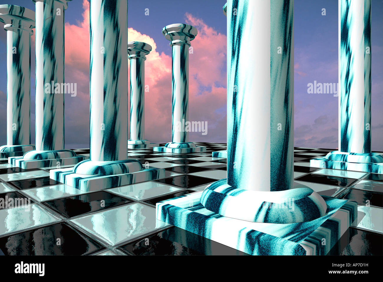 Columns 3D pink sky, digital composite Stock Photo - Alamy