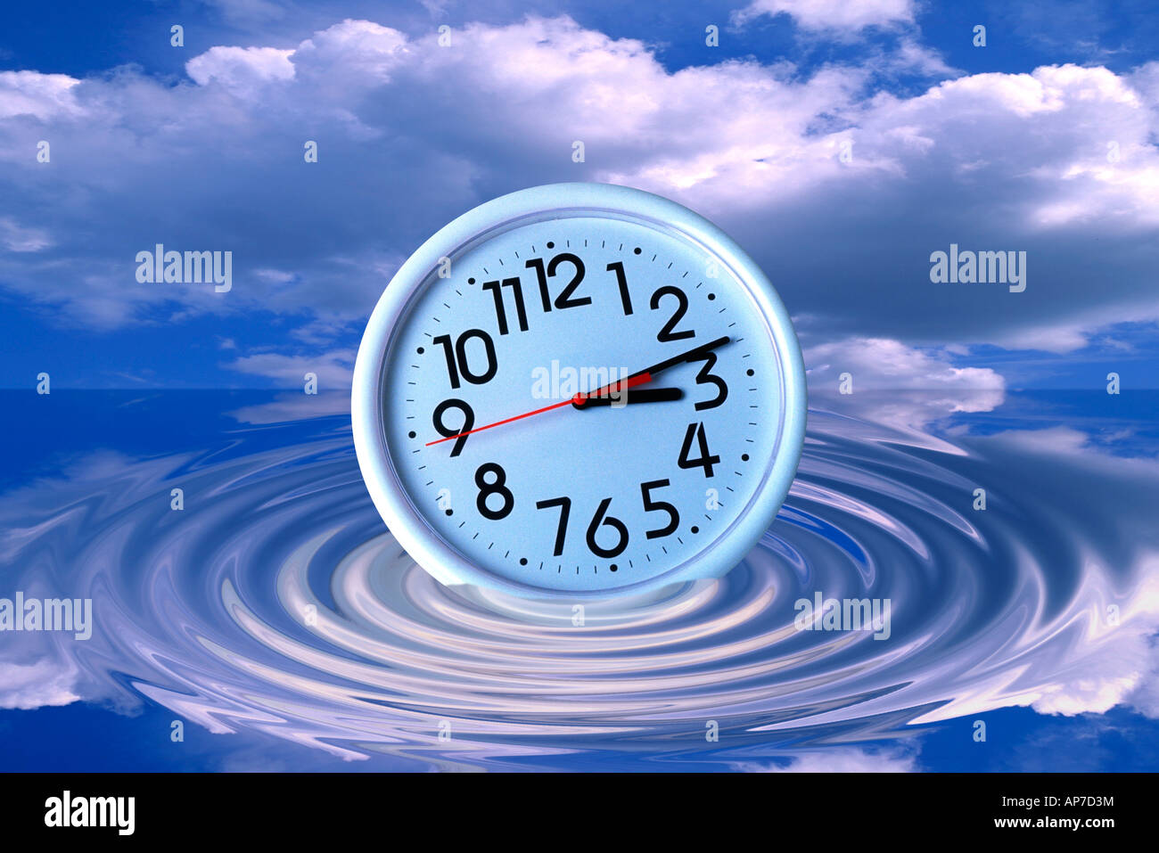 Clock floating in the water, blue sky with clouds, digital composite ...