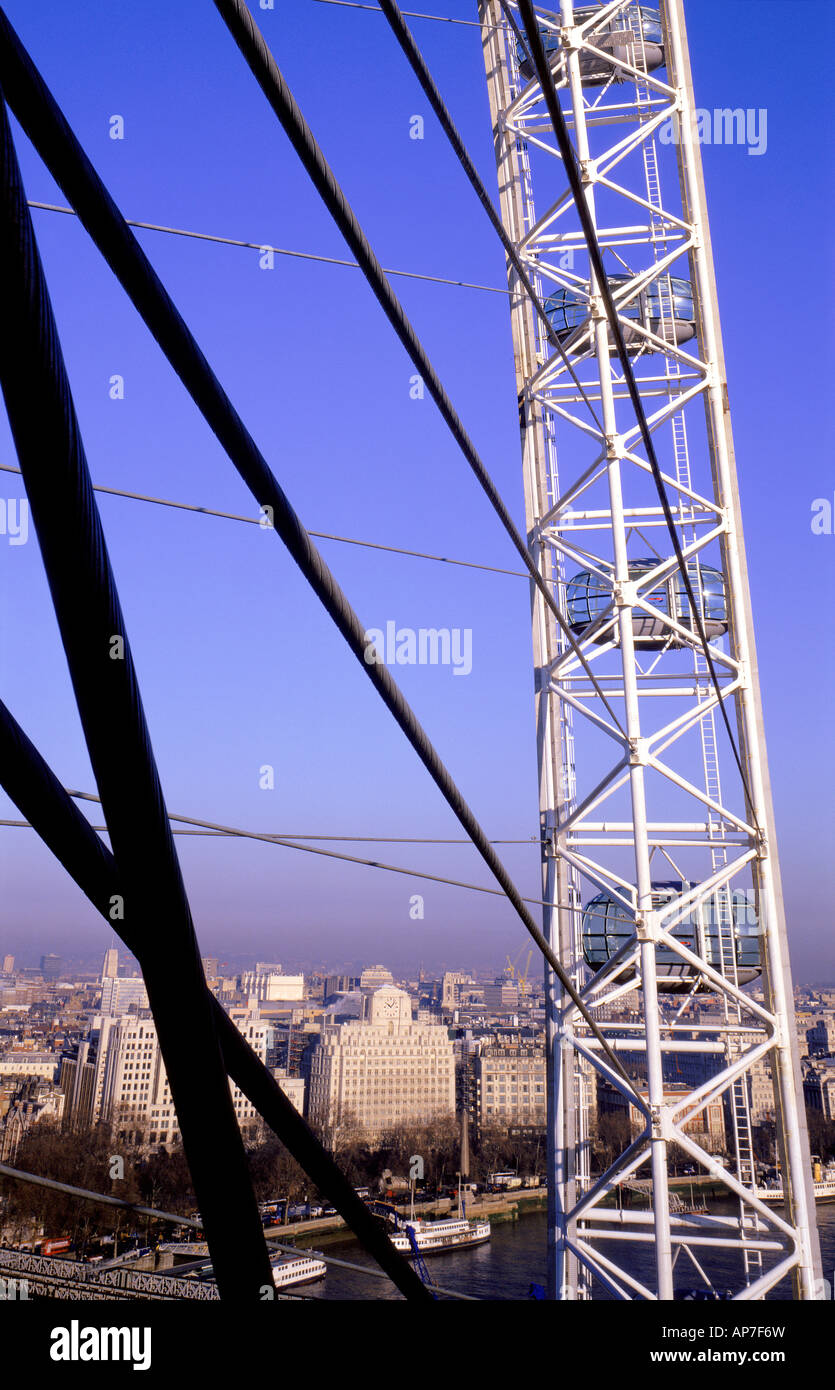 Structural detail of London Eye overlooking the Thames and London Stock ...