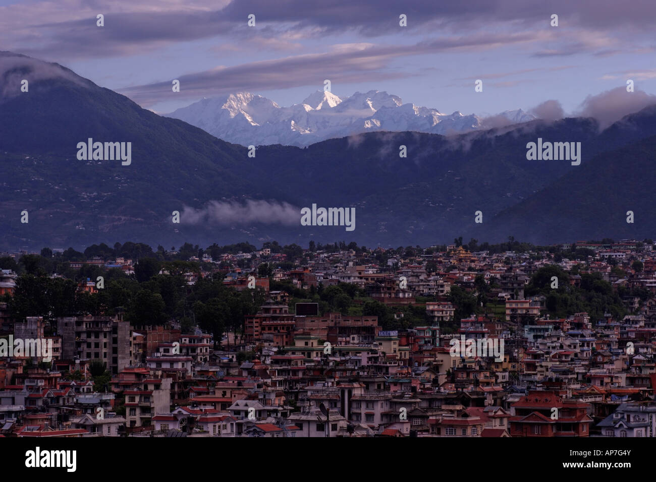 Mount Ganesh Himal 7163 m rising behind the ridge of Kathmandu Valley ...