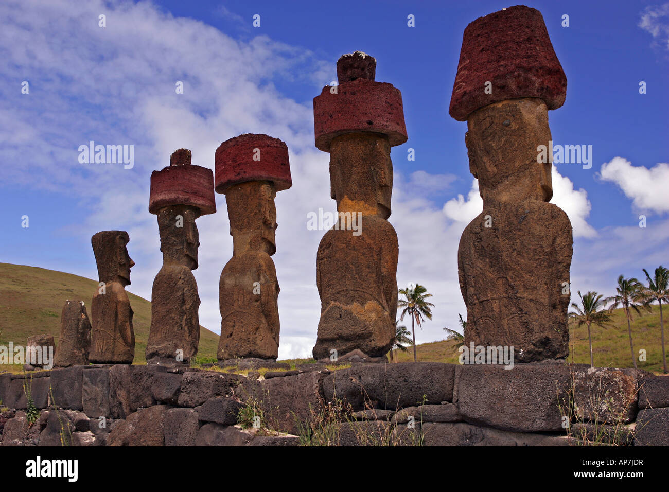 The Moai statues with hats (red scoria cylinder called pukao), Rapa Nui ...