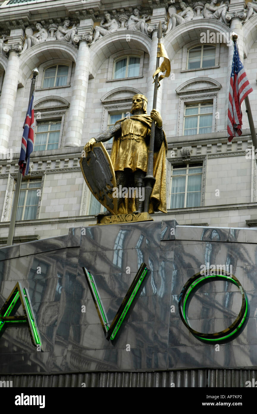 Close up of bronze statue above the entrance to the Savoy hotel in The ...