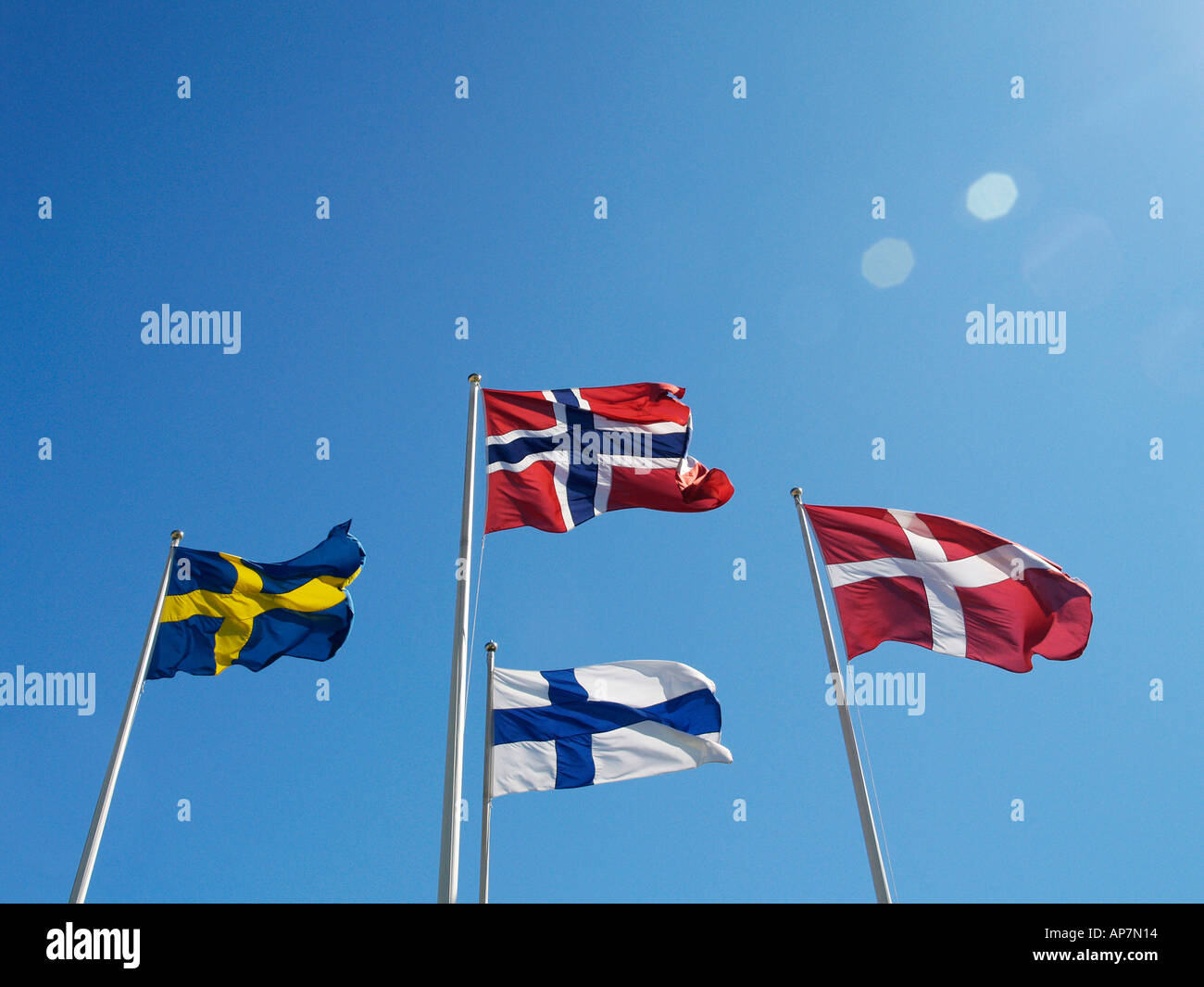 flags of the nordic countries Norway Denmark Sweden Finland Stock Photo ...