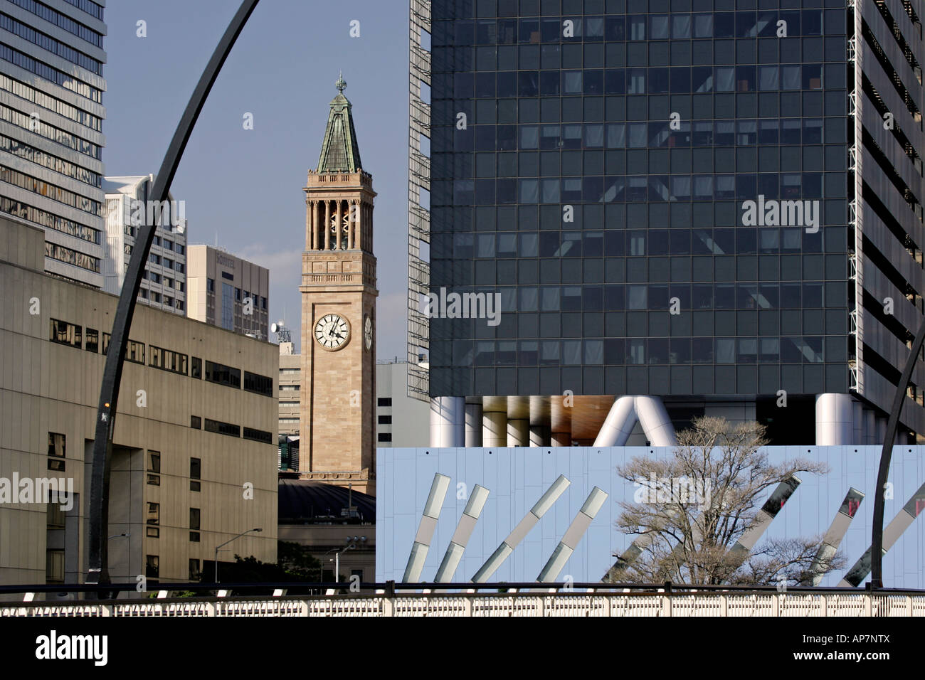 Brisbane CityHall clocktower, Italian Renaissance style, amongst modern ...
