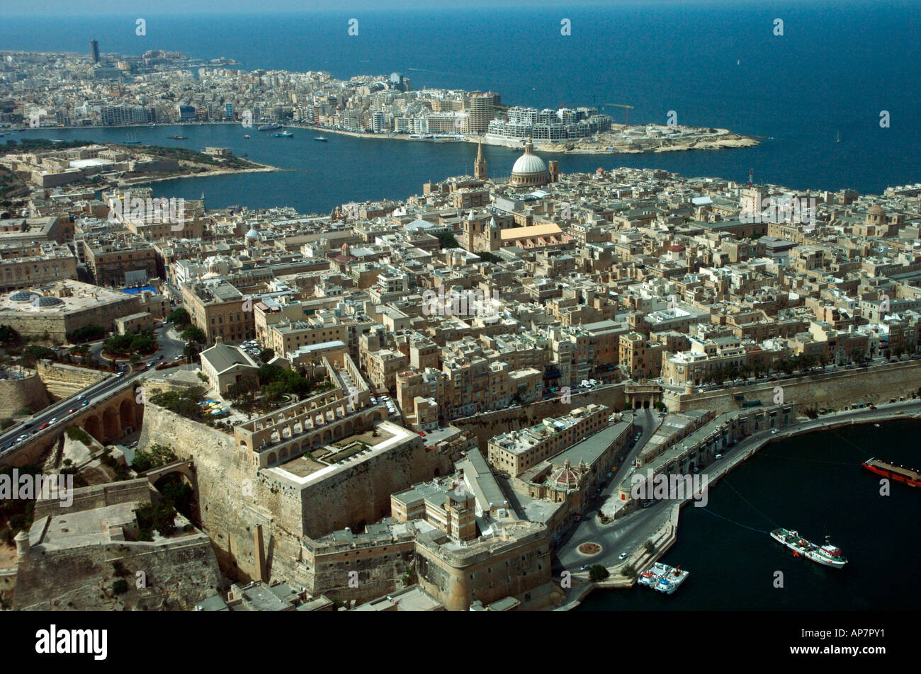 Aerial views of the grand harbour and the capital city of Valetta in ...