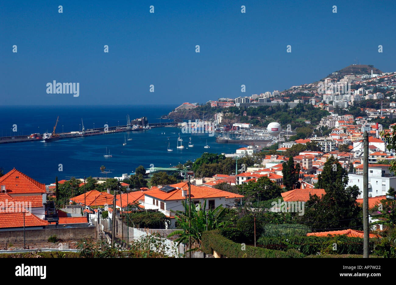 Funchal town city from viewpoint and port harbour Madeira Portugal EU ...