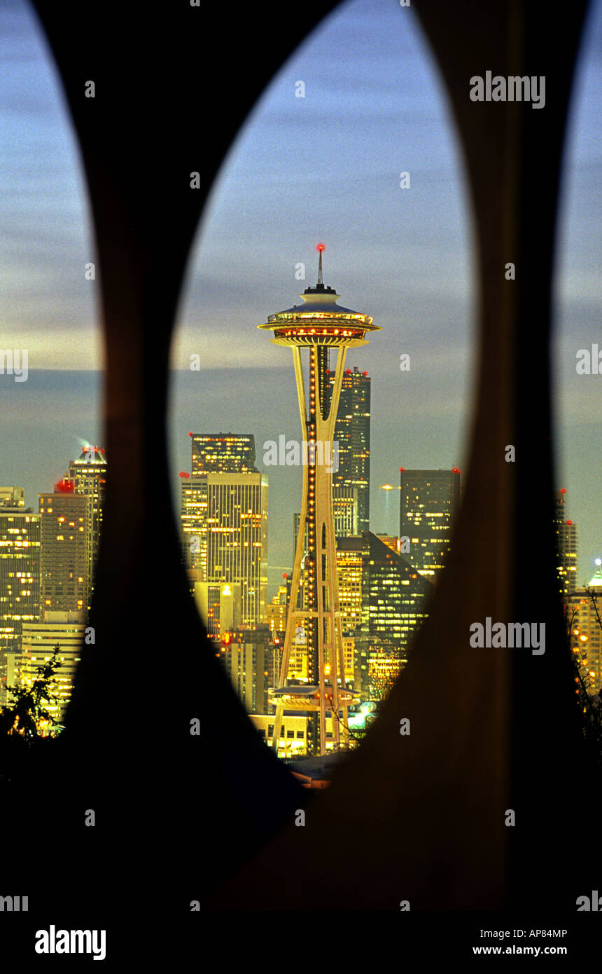 Space Needle surrounded by architecture of the Changing Form sculpture ...