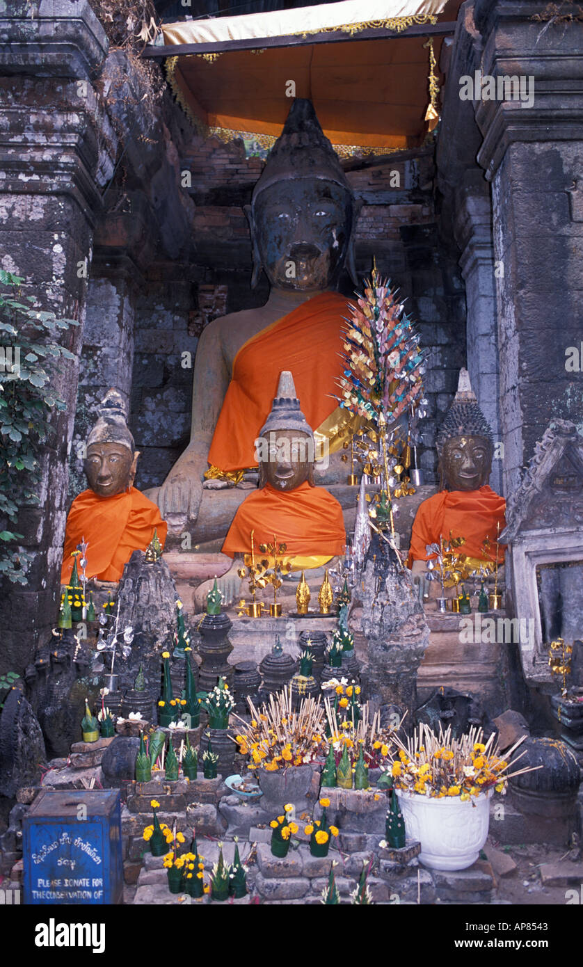 Robed Khmer statues in the main sanctuary of the pre Angkor C7th ruins ...