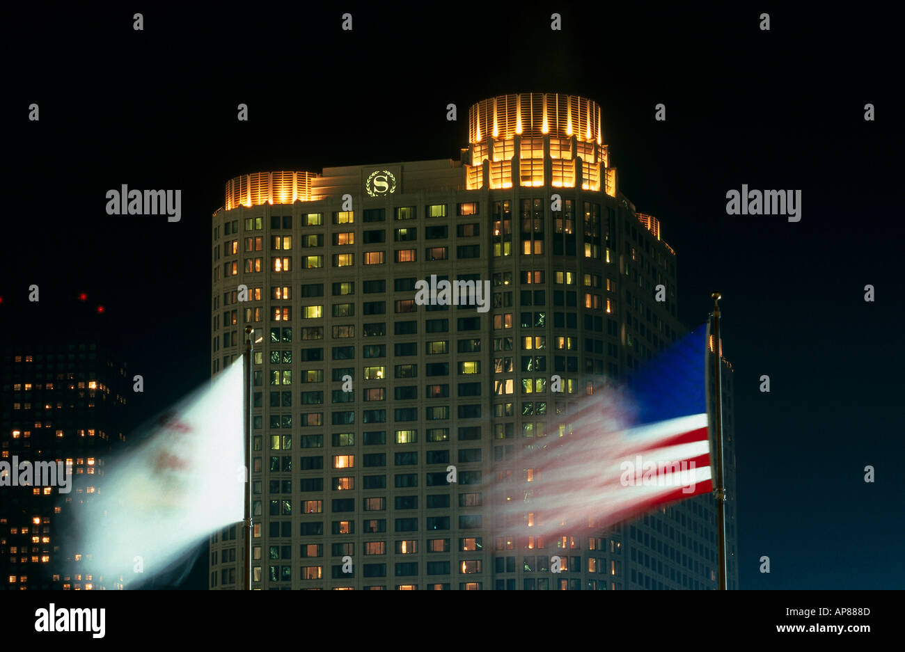 American flag in front of hotel at night, Sheraton Hotel, Chicago ...