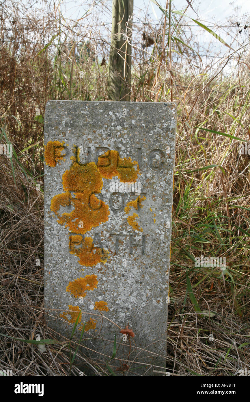 Lichen encrusted public footpath marker by a Kent foot path Stock Photo ...