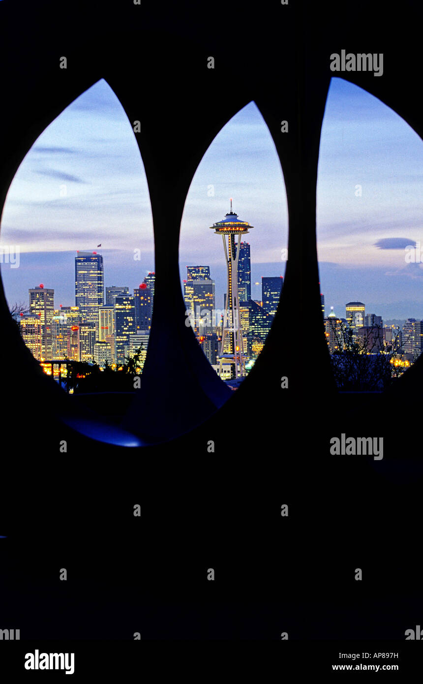 Space Needle surrounded by architecture of the Changing Form sculpture ...