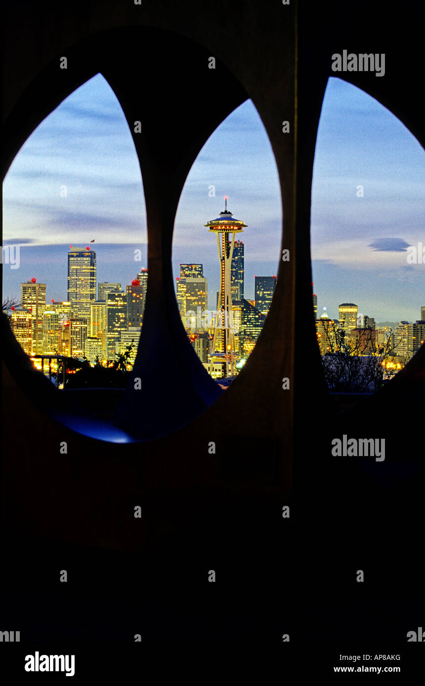 Space Needle surrounded by architecture of the Changing Form sculpture ...