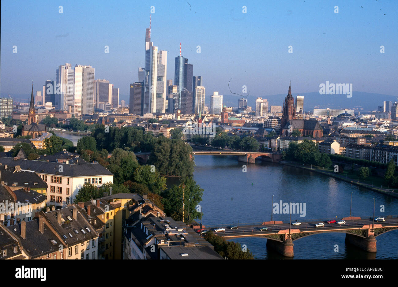 Bridge across river with city skyline in background, Main River ...