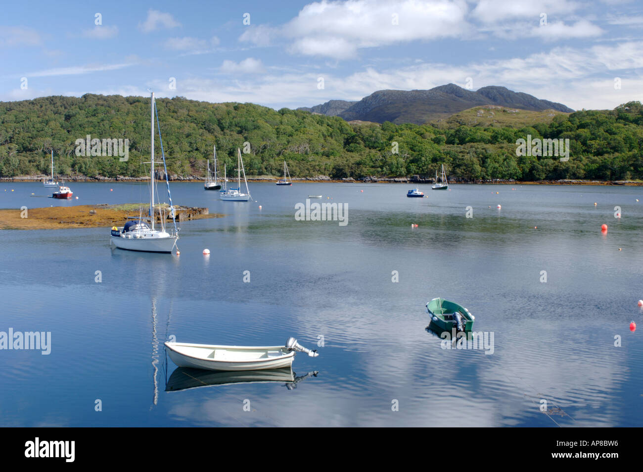 Boat moorings on Loch Gairloch at Badachro, Wester Ross. Scottish ...