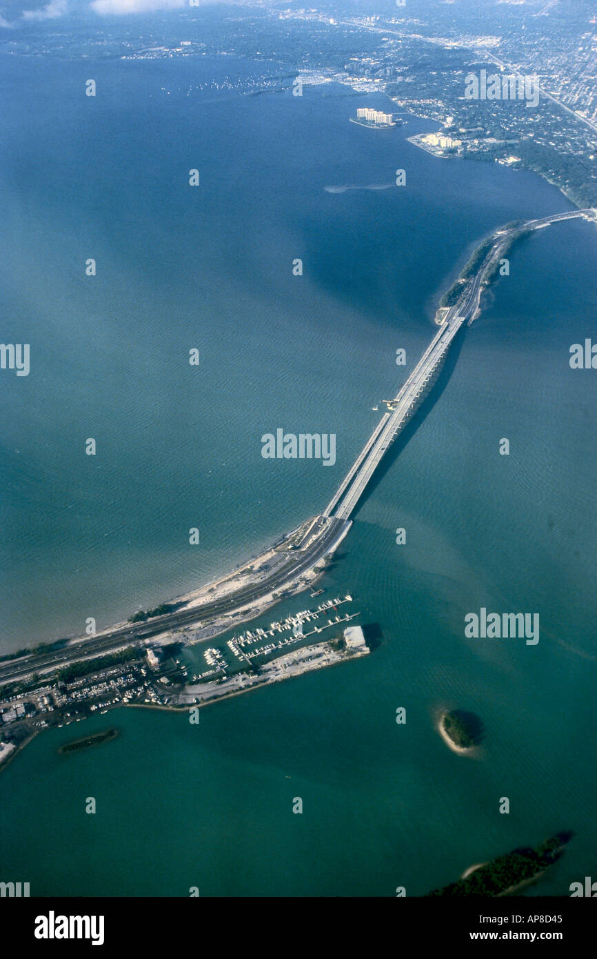 Aerial view of bridge across bay, Rickenbacker Causeway, Biscayne Bay ...