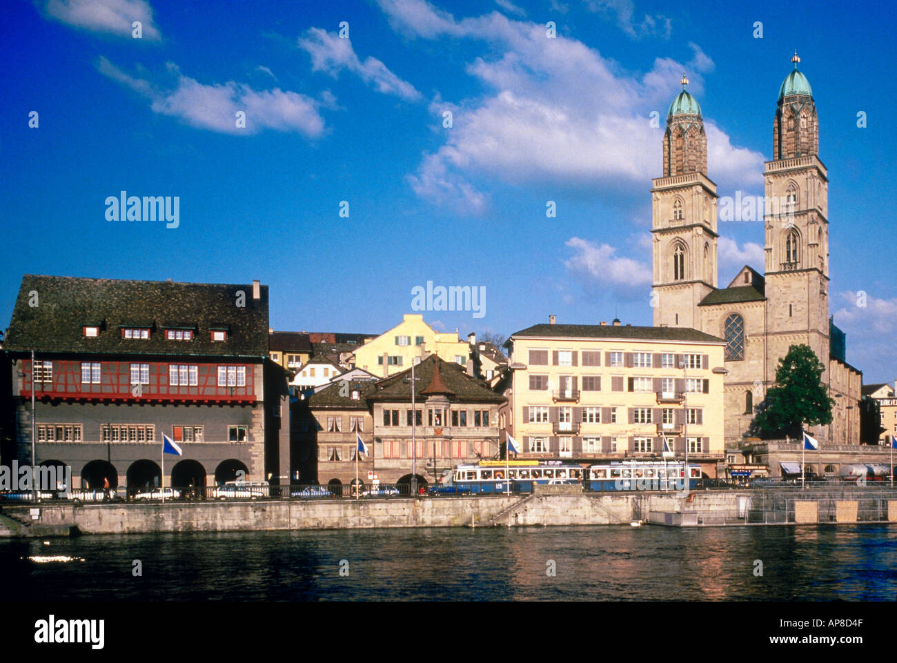 Buildings at waterfront, Fraumunster, Limmat River, Zurich, Switzerland ...