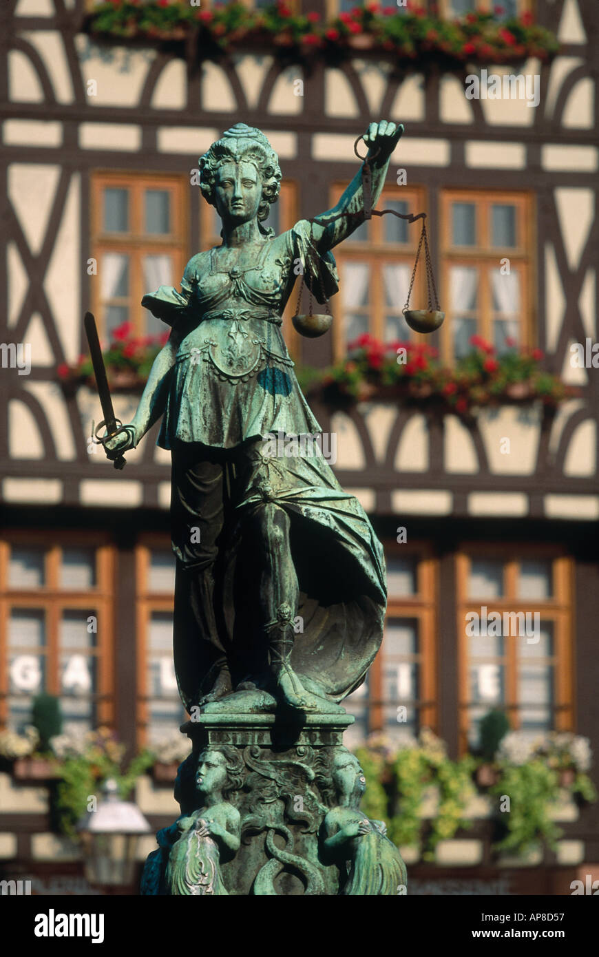 Statue of Justice Romer at fountain, Frankfurt, Frankfurt, Hessen ...