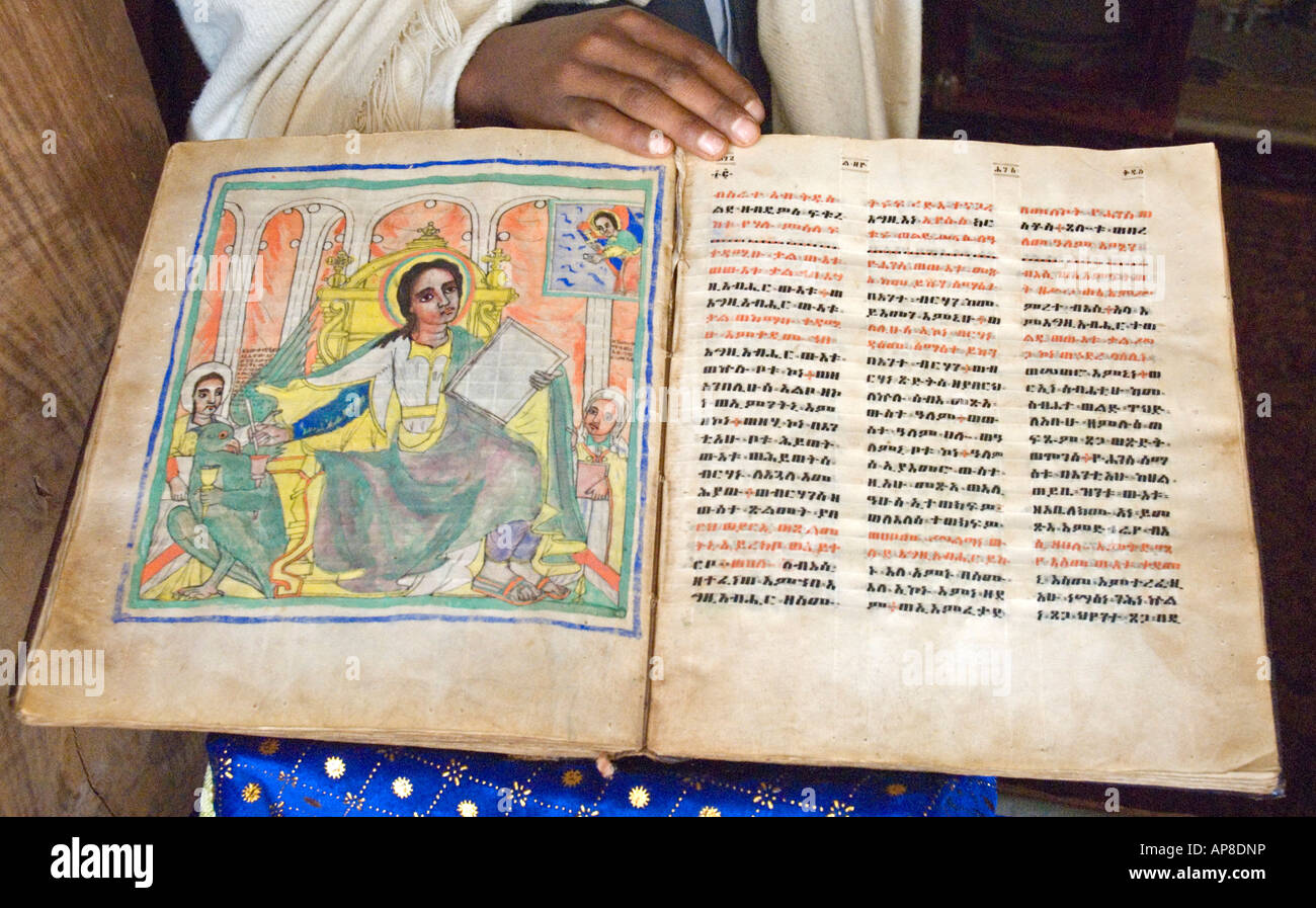 Ancient bible manuscript in a monastery museum, Zege Peninsula, Bahr ...