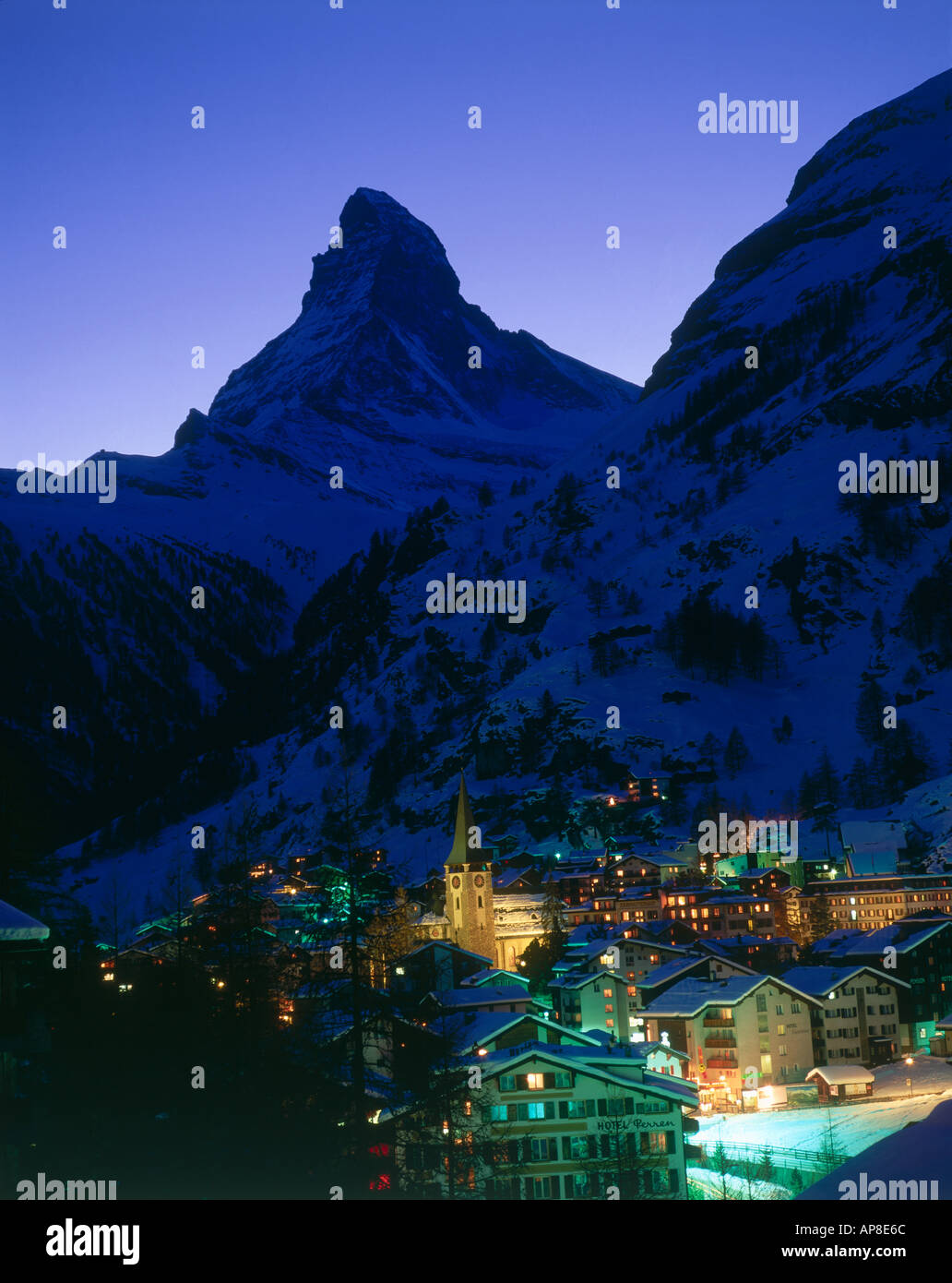 Houses in valley lit up at night, Zermatt, Matterhorn, Switzerland ...