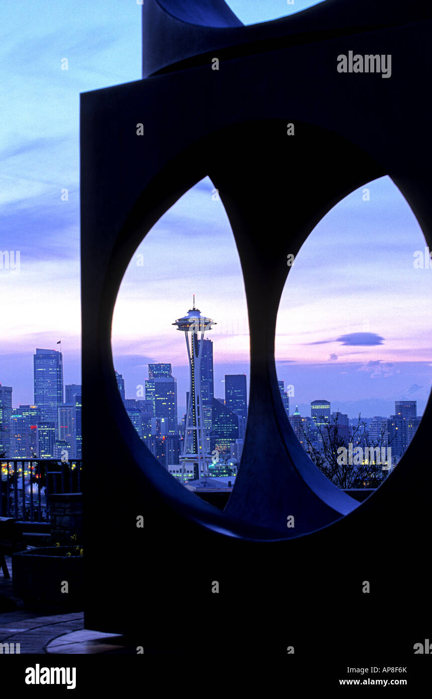 Space Needle surrounded by architecture of the Changing Form sculpture ...