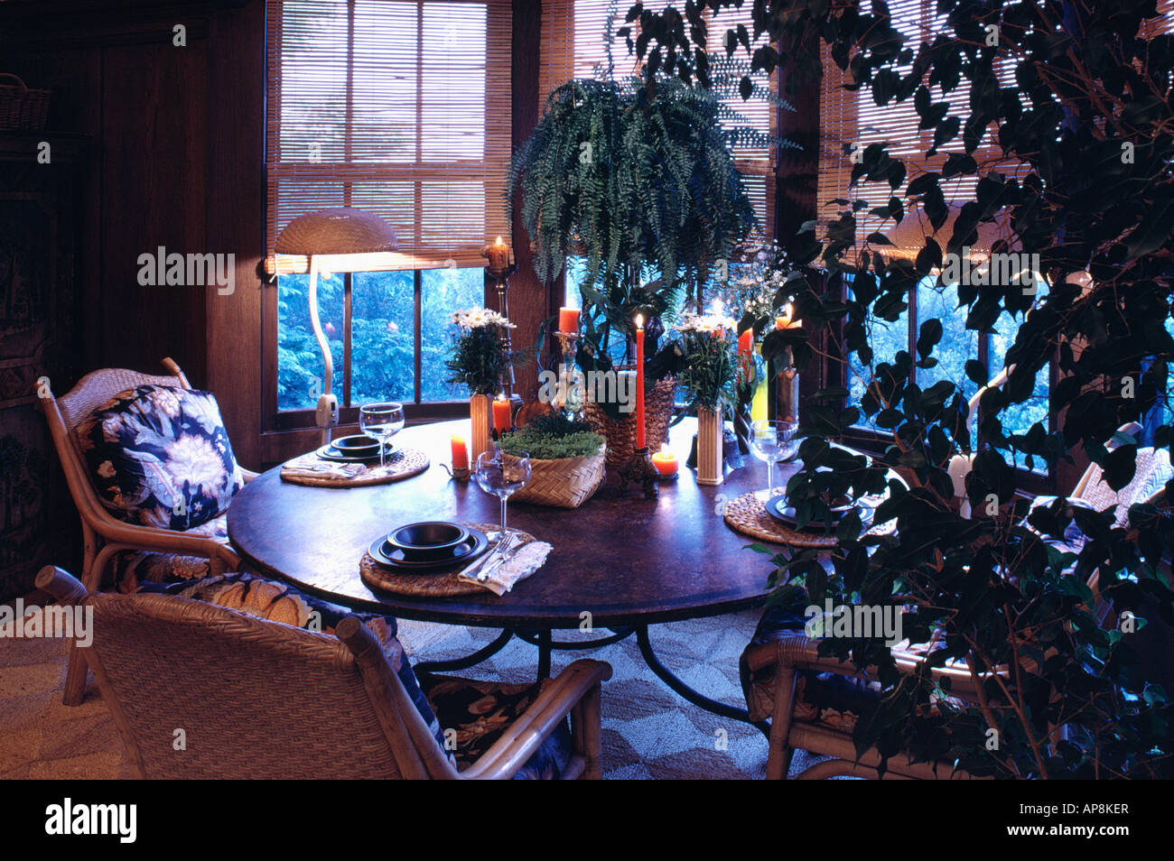 Houseplants and split cane blind in sixties living room with place ...