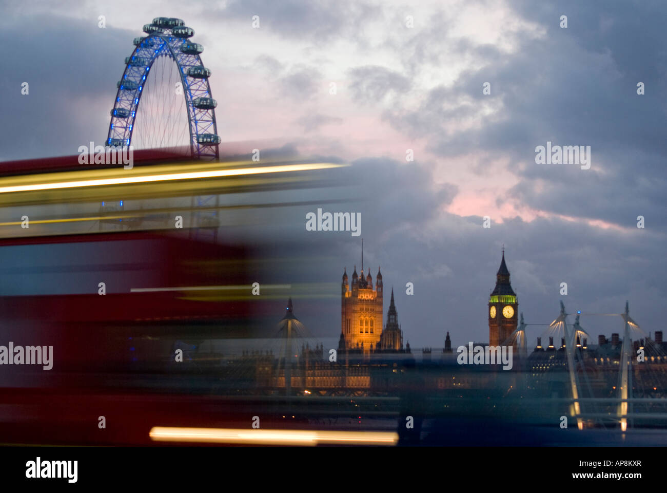 Houses of Parliament and London Eye from Waterloo Bridge Stock Photo ...