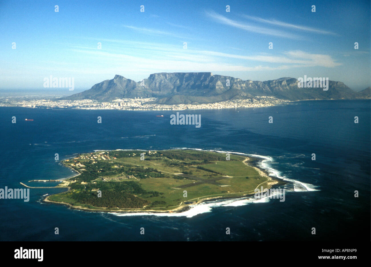 Aerial view of Robben Island with Cape Town and Table Mountain in the ...
