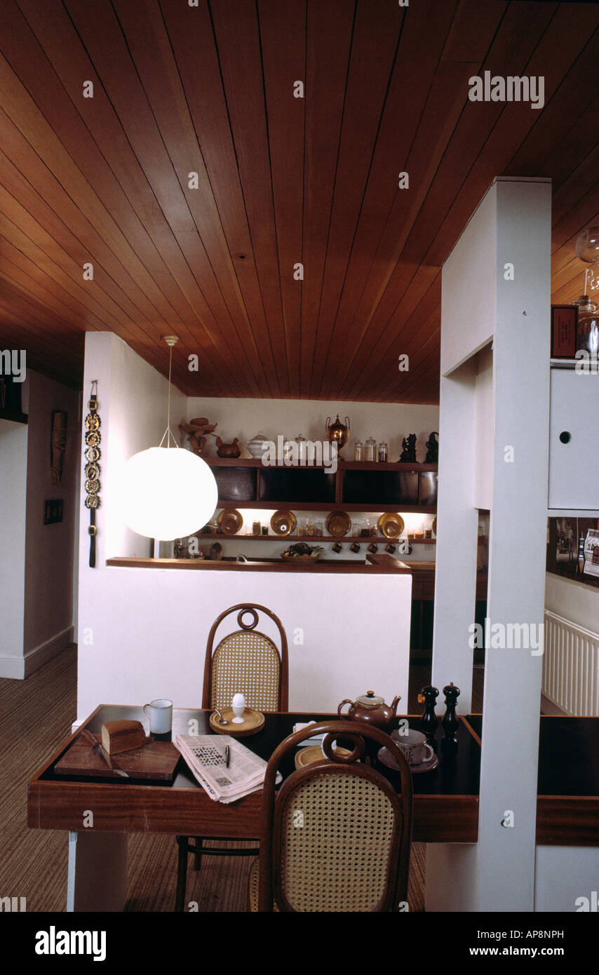 Wooden ceiling and pendant light in sixties kitchen dining room Stock ...