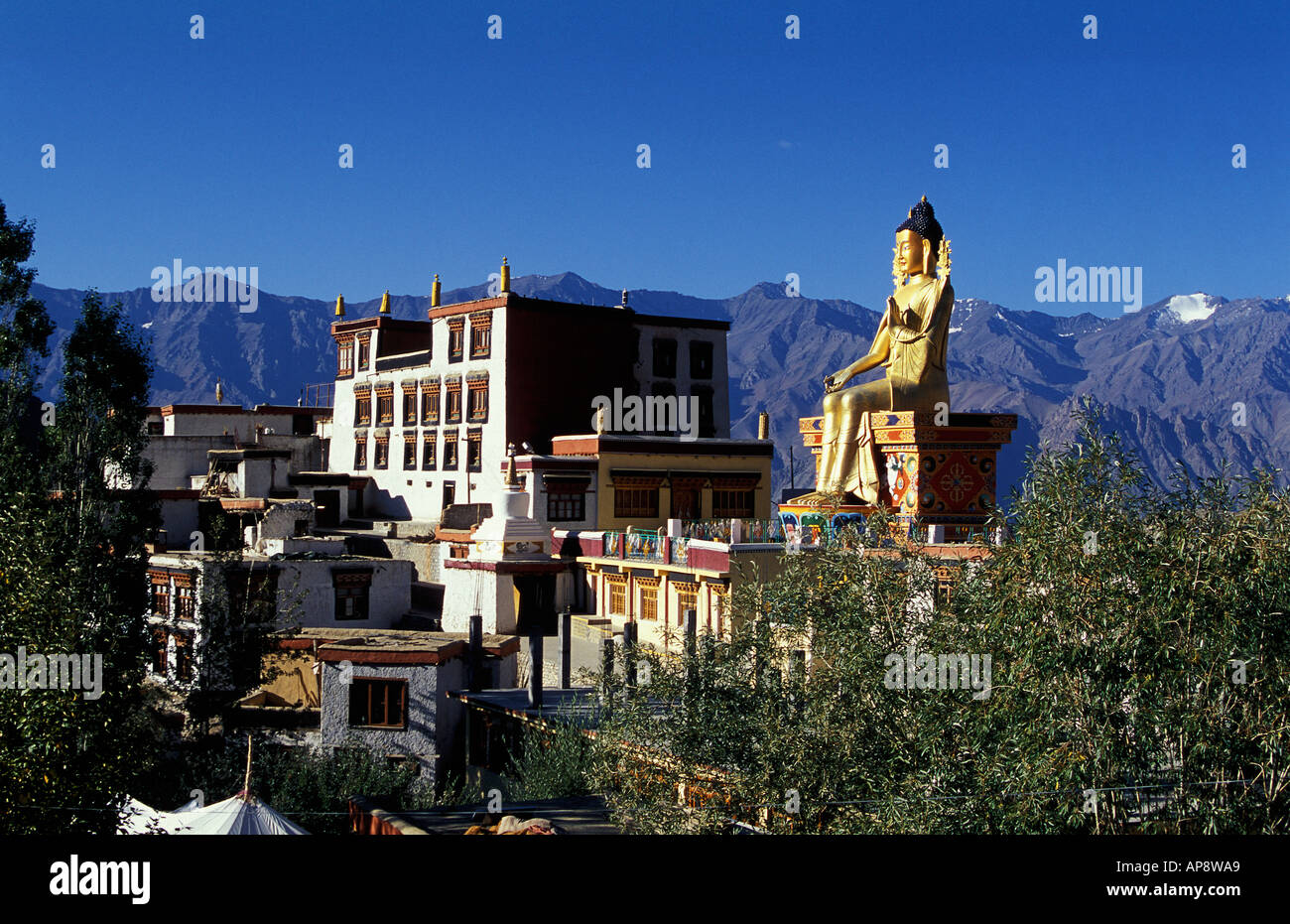 Likir monastery with huge statue of buddha Stock Photo - Alamy